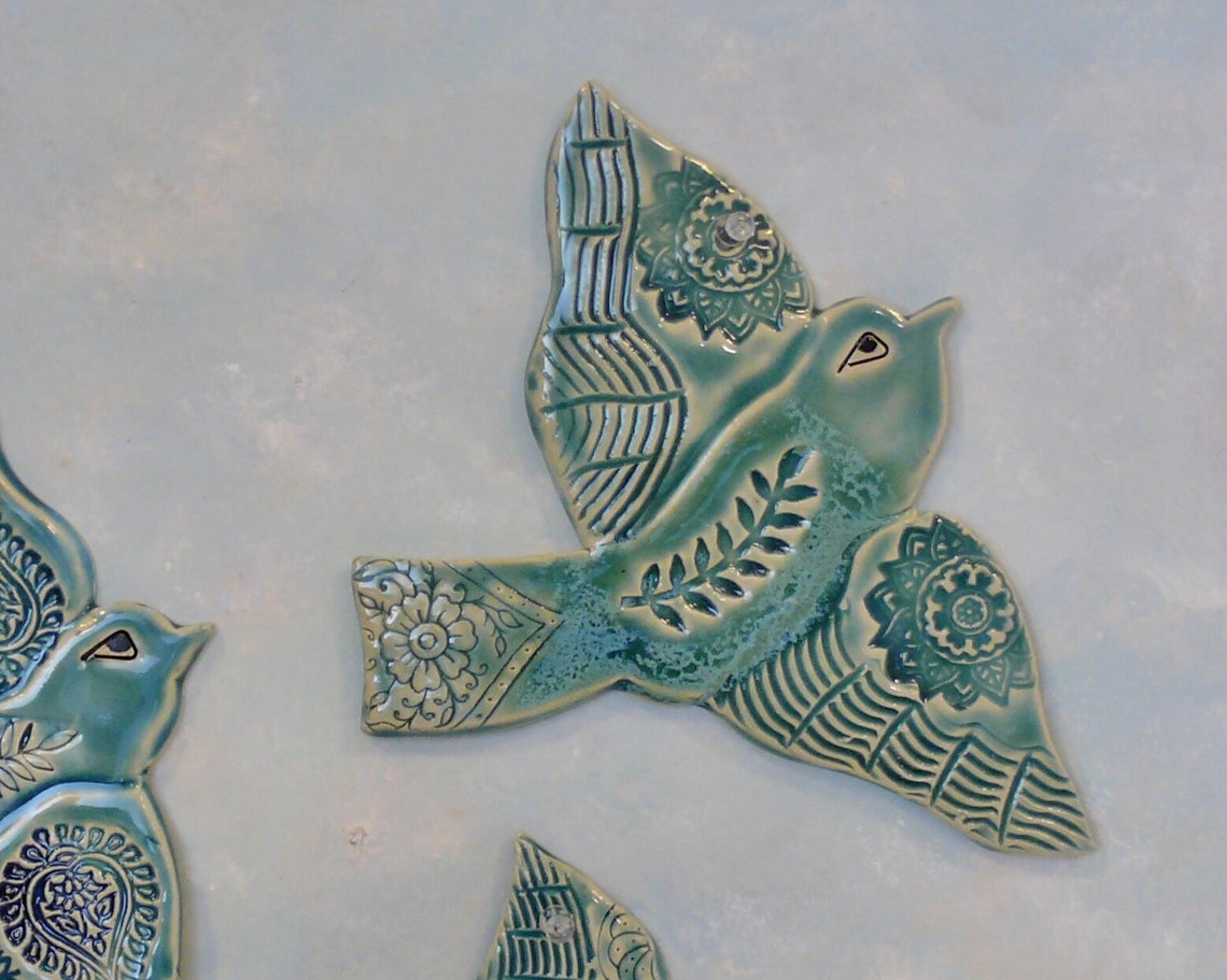 Family of Three Ceramic Wall Hanging Birds Clay Blue Bird - Etsy
