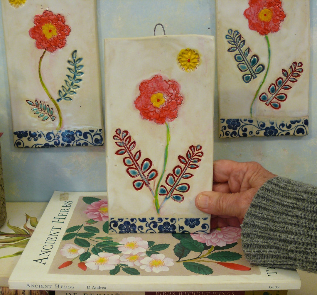Handcrafted Ceramic Flower Tile Wall Art, Handmade Flower Tile, Flower ...
