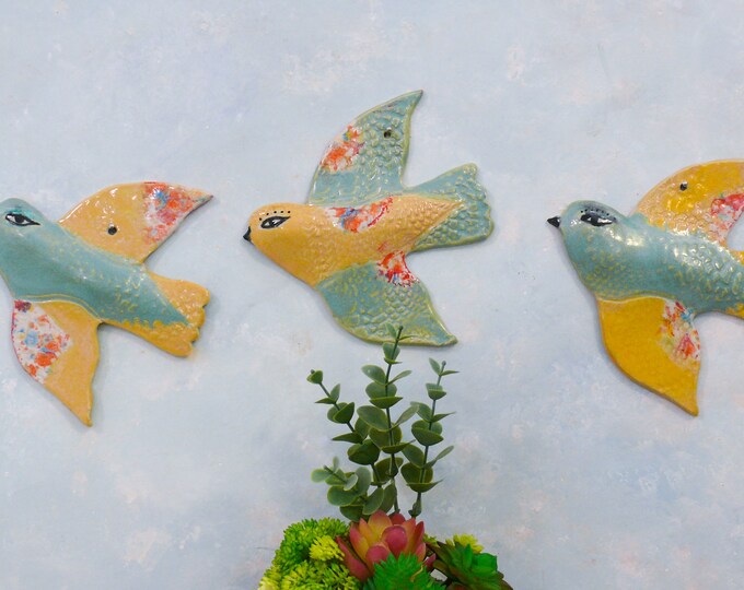 Family of Three Ceramic Wall Hanging Birds, Clay Blue Bird Wall ...