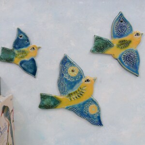 Family of Three Ceramic Wall Hanging Birds, Clay Blue Bird Wall ...