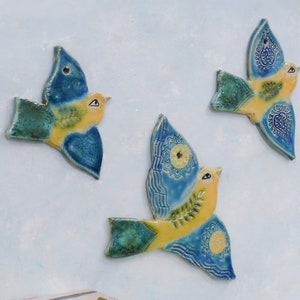 Family of Three Ceramic Wall Hanging Birds, Clay Blue Bird Wall ...
