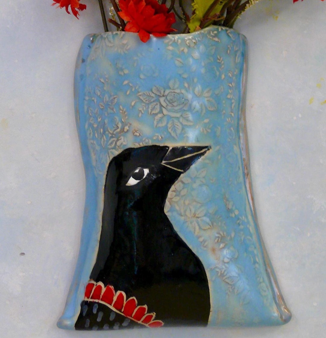 Ceramic Wall Hanging Pocket Vase, Crow Art, Roses and Raven Textural ...