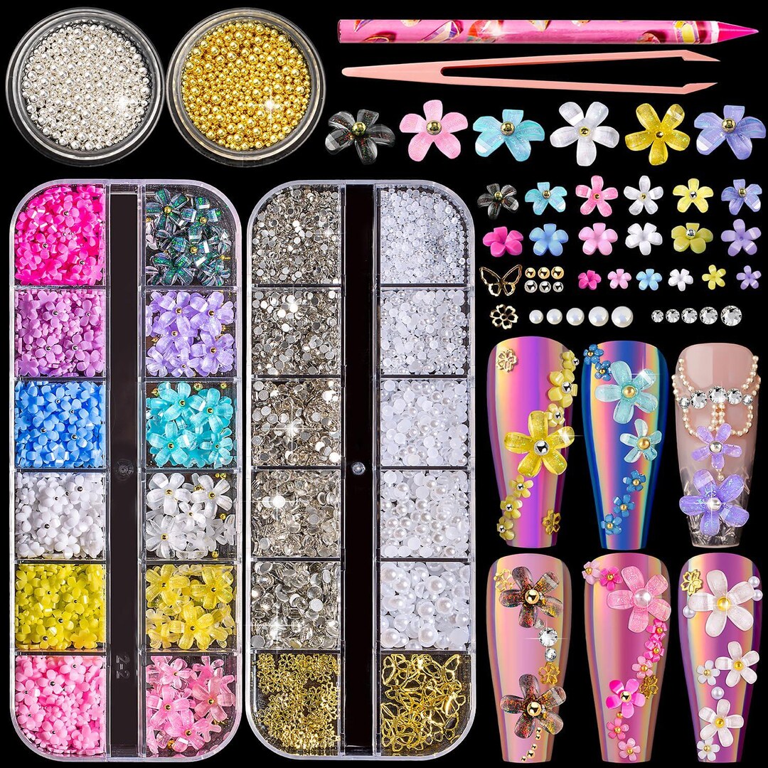 4400pcs 3D Flower Nail Charms and Gems, Colorful Flower Charms for ...