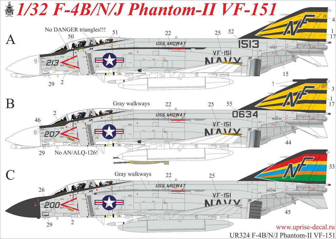 1:32 Decal F-4J Phantom-ii VF-151, No Stencils With Mask Uprise Decals ...