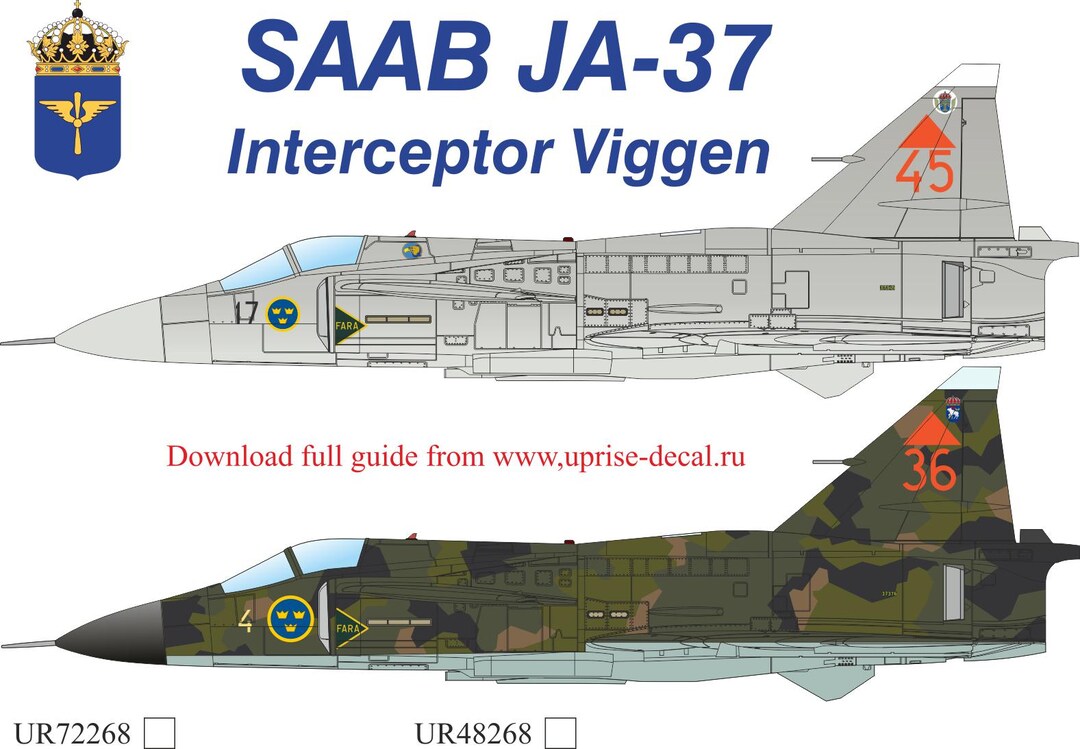 1:72 Decal Saab JA37 Viggen Interceptor (FFA Film) Uprise UR72268 ...