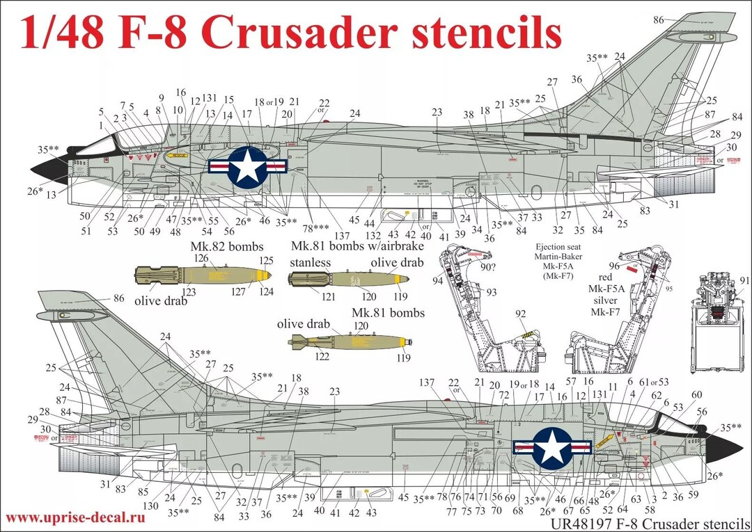 1:48 Decal Vought F-8 Crusader Full Stencils - Uprise Decal UR48197 ...