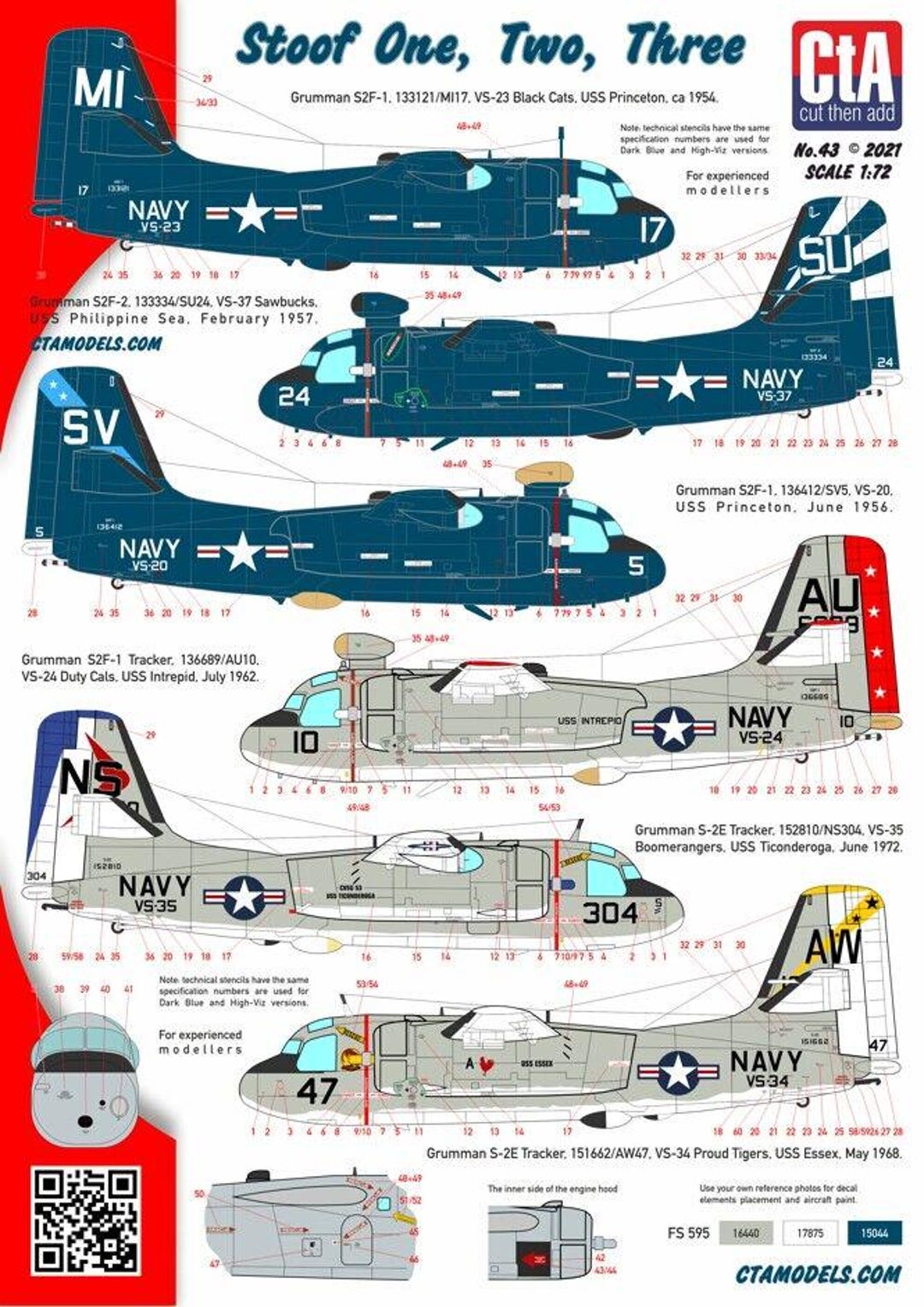 1:72 Decal Grumman S-2 Tracker "stoof One, Two, Three" - 6 Var. Cta ...