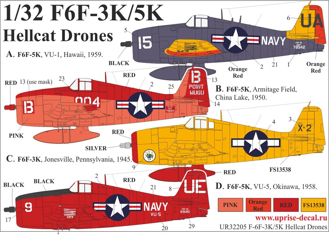 1:32 Decal Grumman F6F-3K/5K Hellcat Drones (FFA Film) Uprise Decals ...