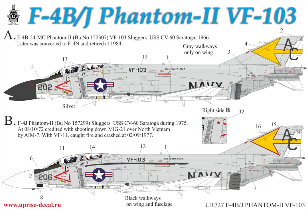 1:48 Decal F-4B/J Phantom-ii VF-103, No Stencils - Uprise Decals UR487 ...
