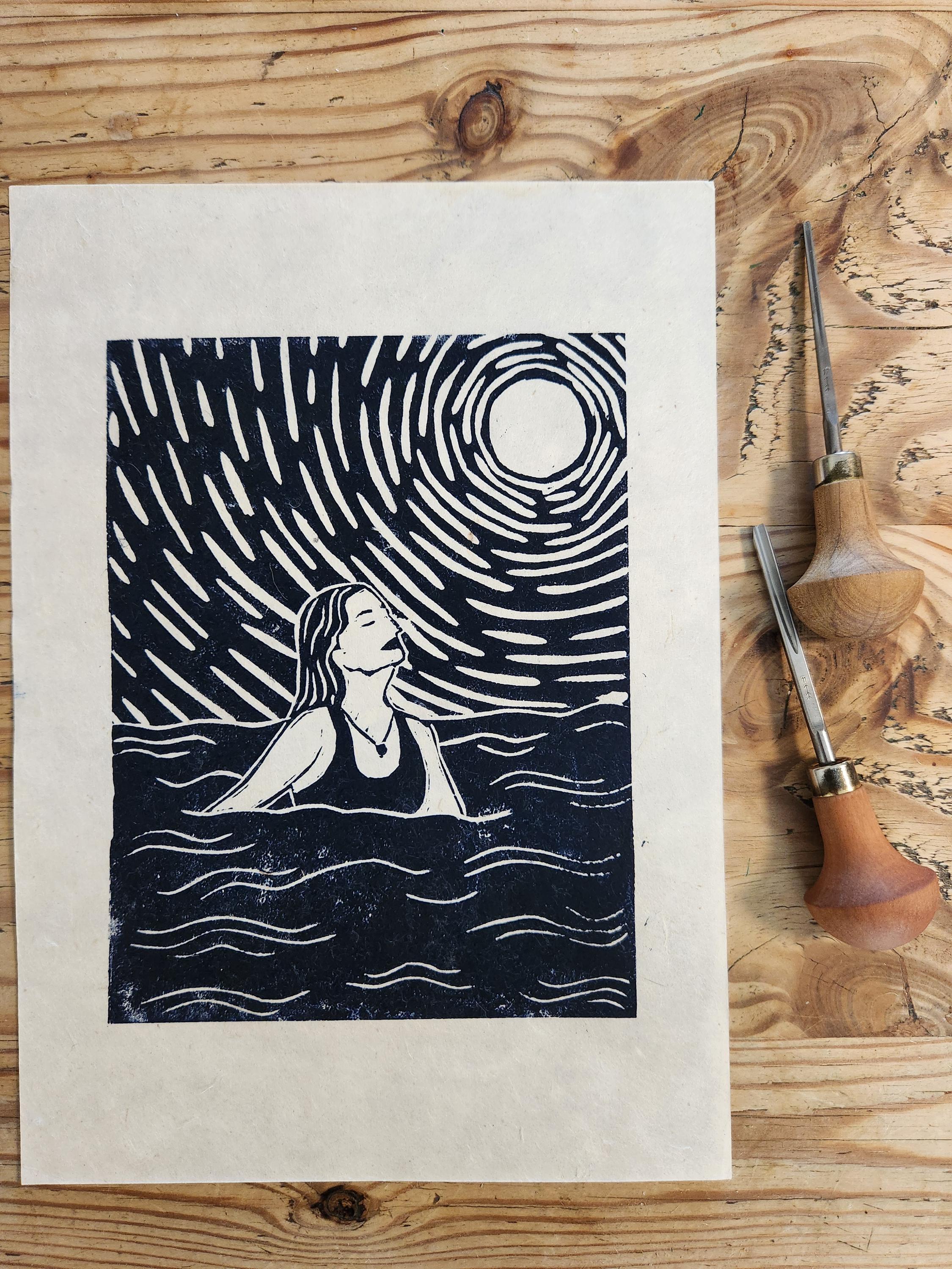 Wild Swimming Lino Print – Sea Swimmer Wall Art – Linocut Coastal Decor ...