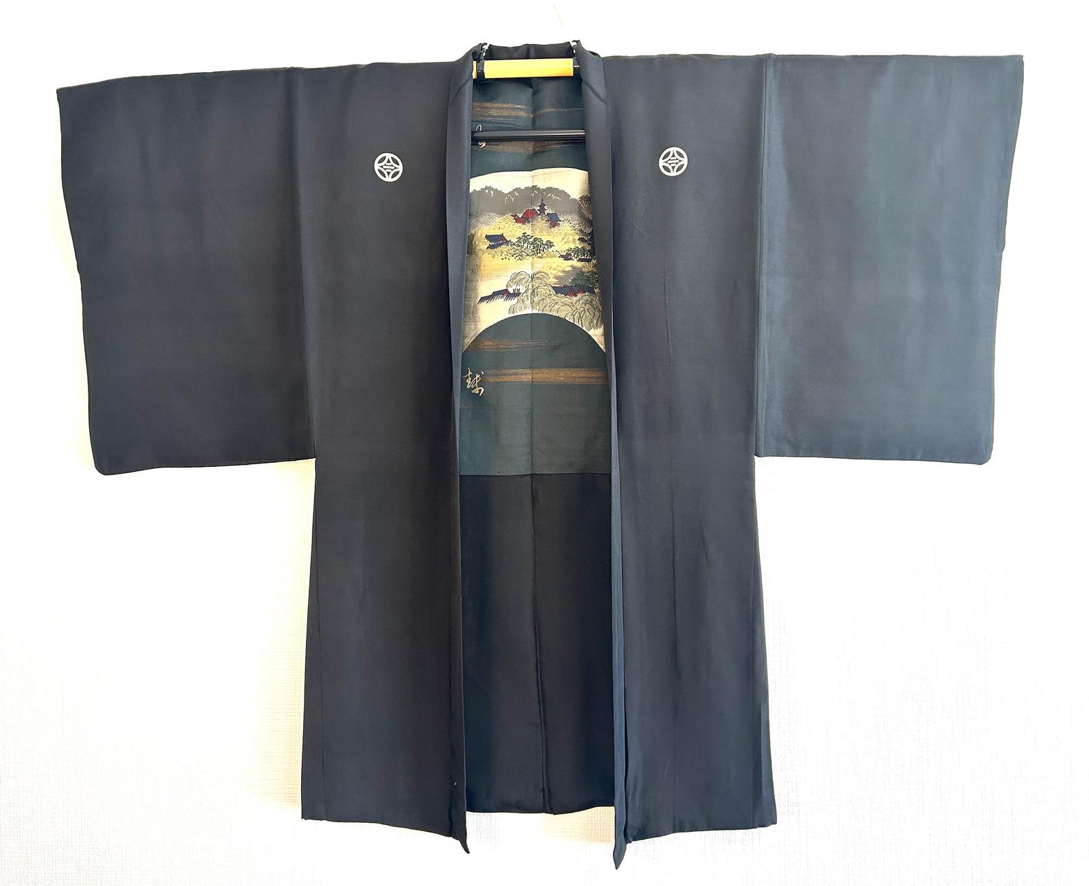 Vintage Japanese Men’s Haori – Five Crests Black Silk Haori with Scenic ...