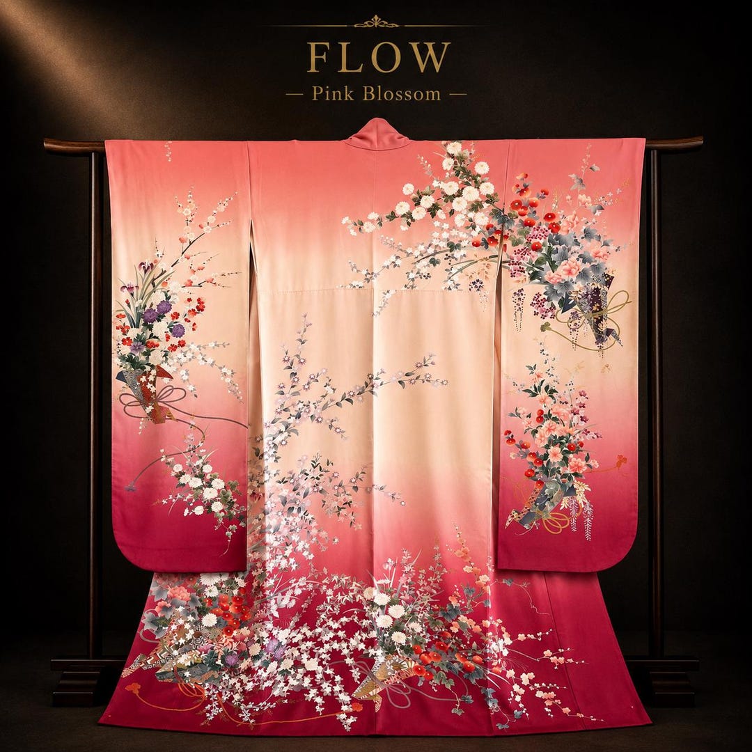 Vintage Pink Silk Furisode Kimono — Floral Japanese Kimono, One-of-a ...