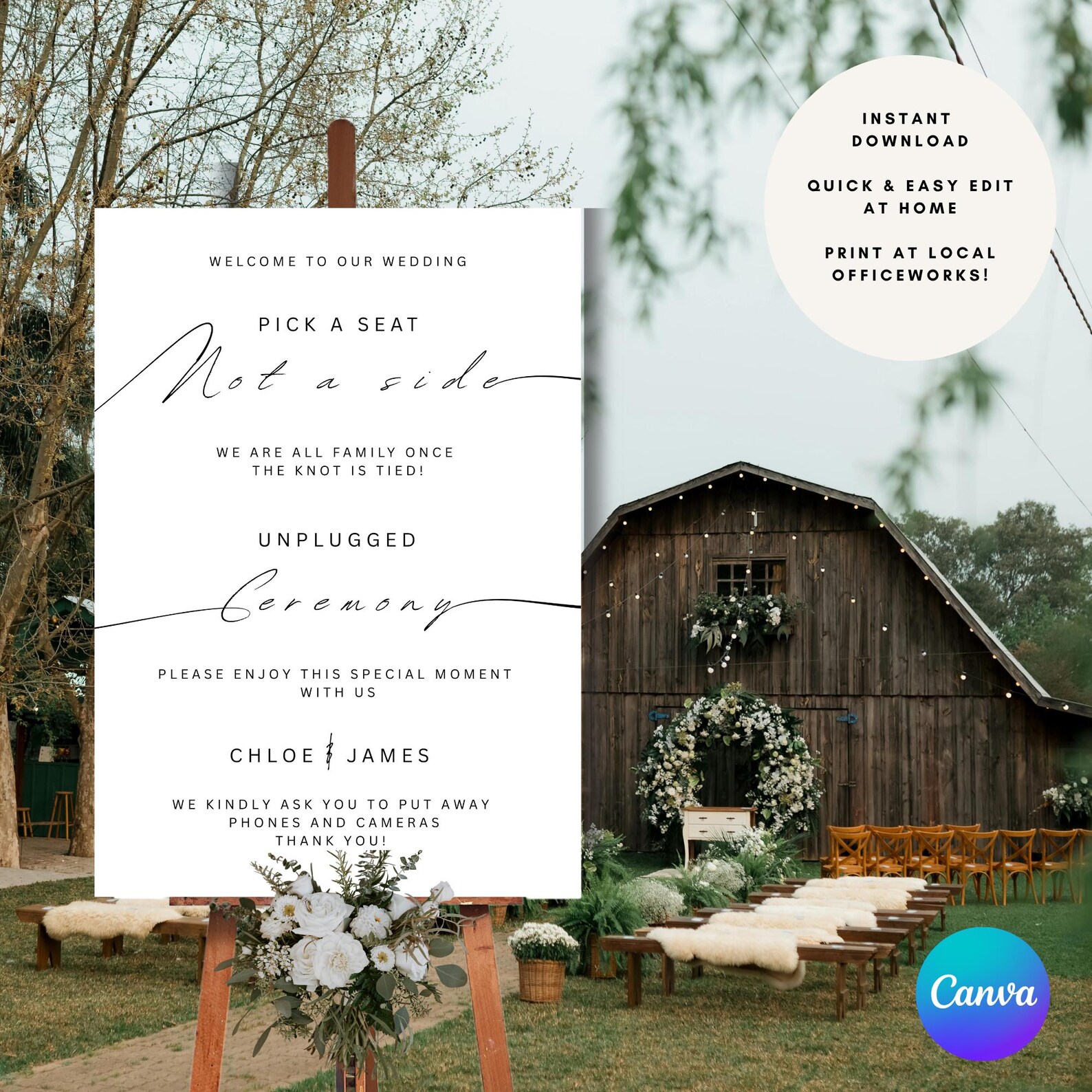 Modern Unplugged Wedding Sign: Pick a Seat, Welcome All (digital ...
