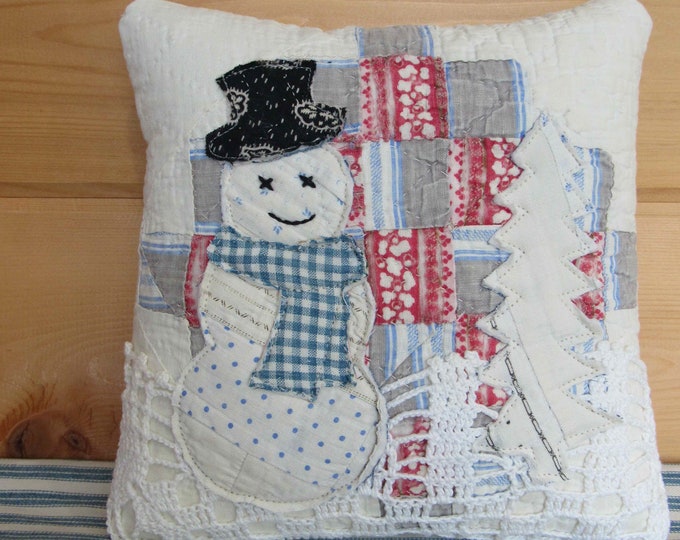 Primitive Snowman Pillow, Vintage Quilt Shelf Tuck, Farmhouse Winter ...