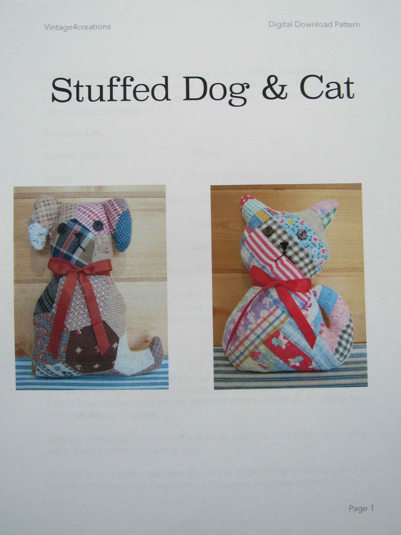 Cat and Dog Pattern Download, Easy to Sew, Stuffed Kitty and Puppy With ...