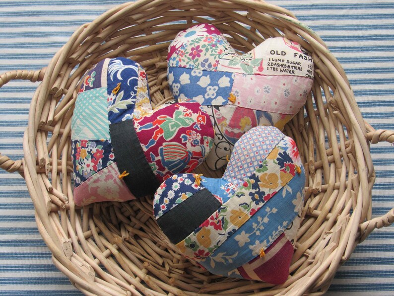 Vintage Quilt Hearts, Set of 3, Patchwork Basket Filler, Shabby ...