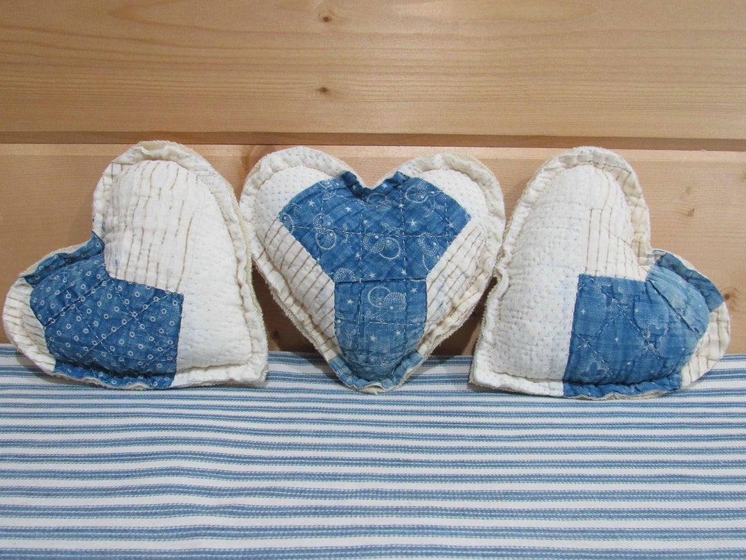 Primitive Blue Hearts, Set of 3, Vintage Quilt Hearts, Farmhouse Basket ...