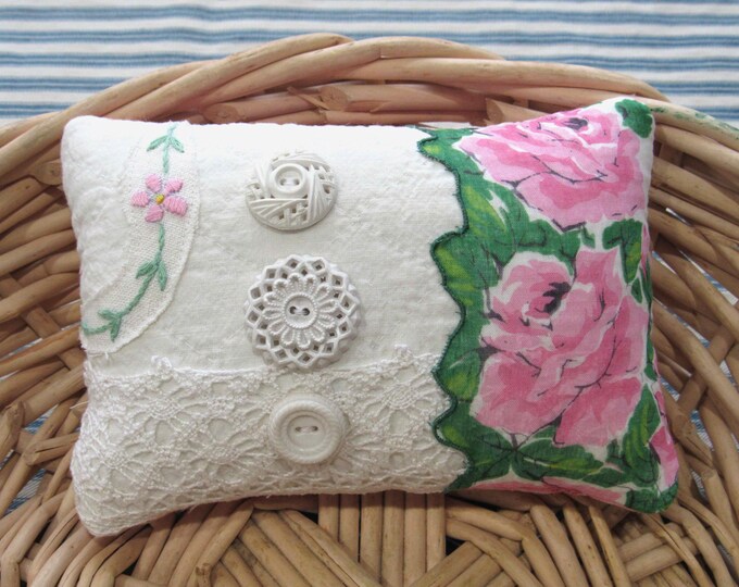 Pink Rose Pillow Tuck, Vintage Collage Pin Keep, Romantic Feminine Gift ...