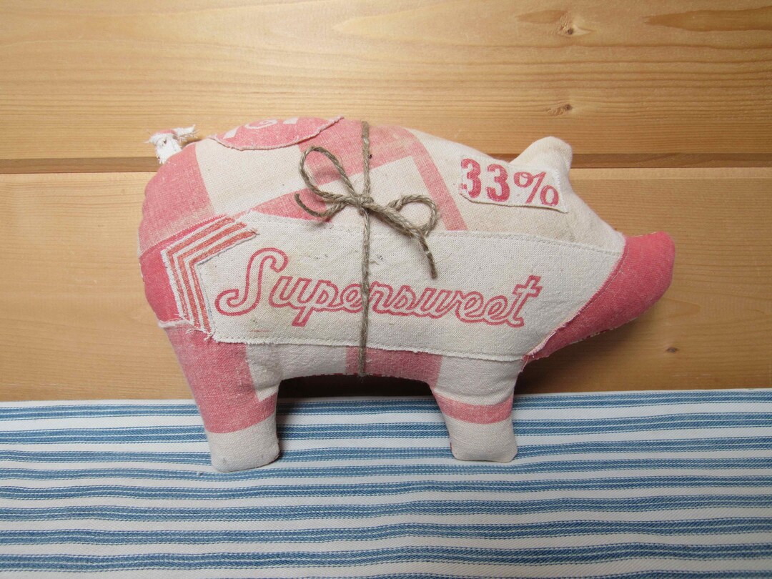 Primitive Pig Shelf Tuck, Red Farmhouse Decor, Vintage Feed Bag Decor ...