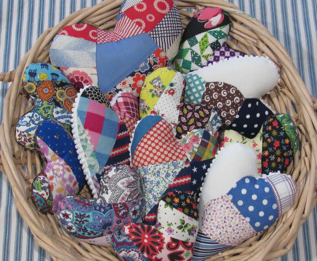 Colorful Quilt Hearts, Set of 12, Patchwork Basket Filler, Bright ...