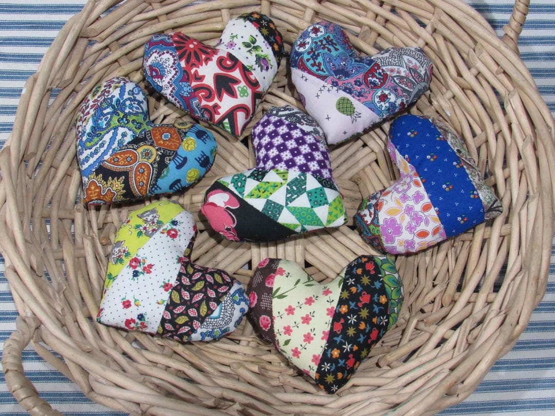 Mid Century Quilt Hearts, Set of 7, Patchwork Basket Filler, Colorful ...