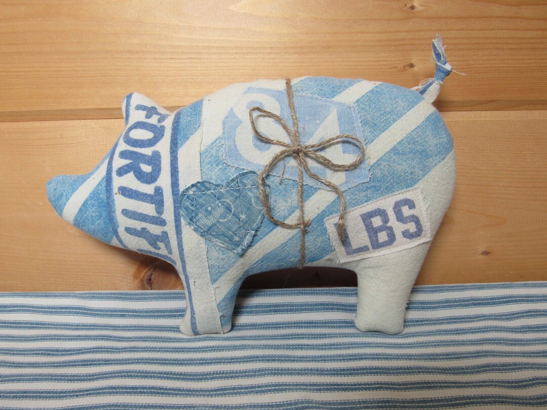 Primitive Pig Shelf Tuck, Blue Farmhouse Decor, Vintage Feed Bag Decor ...