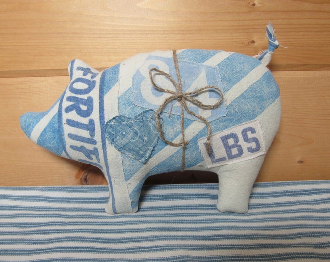 Primitive Pig Shelf Tuck, Blue Farmhouse Decor, Vintage Feed Bag Decor ...