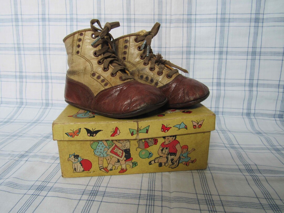 Vintage Leather Childs Shoes and Shoebox, Two-toned Brown Tan Lace Up ...