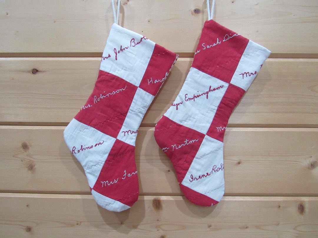 Vintage Quilt Stocking, Peg Rail Decor, Hand Embroidered Names ...