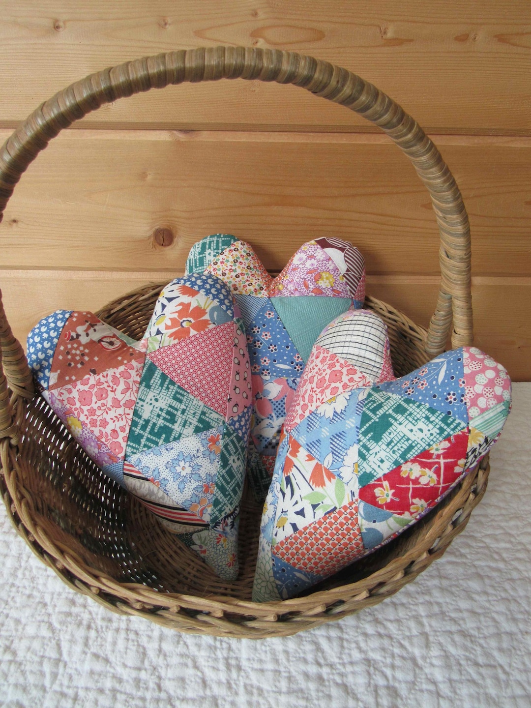 Feedsack Quilt Hearts, Set of 3, Patchwork Basket Filler - Etsy