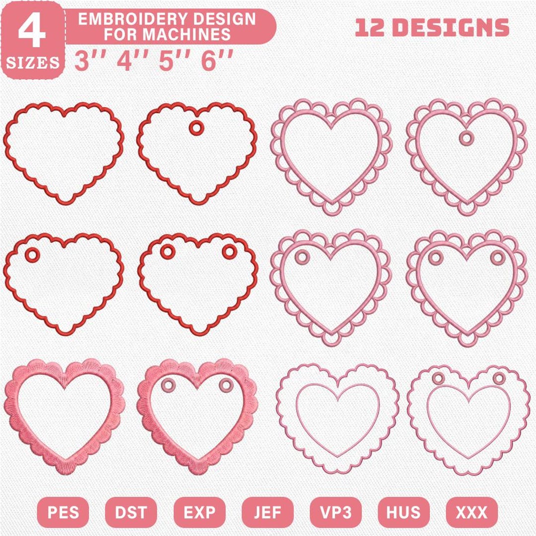 Scalloped Heart Shape Embroidery Design, ITH Banner Bunting Tag ...