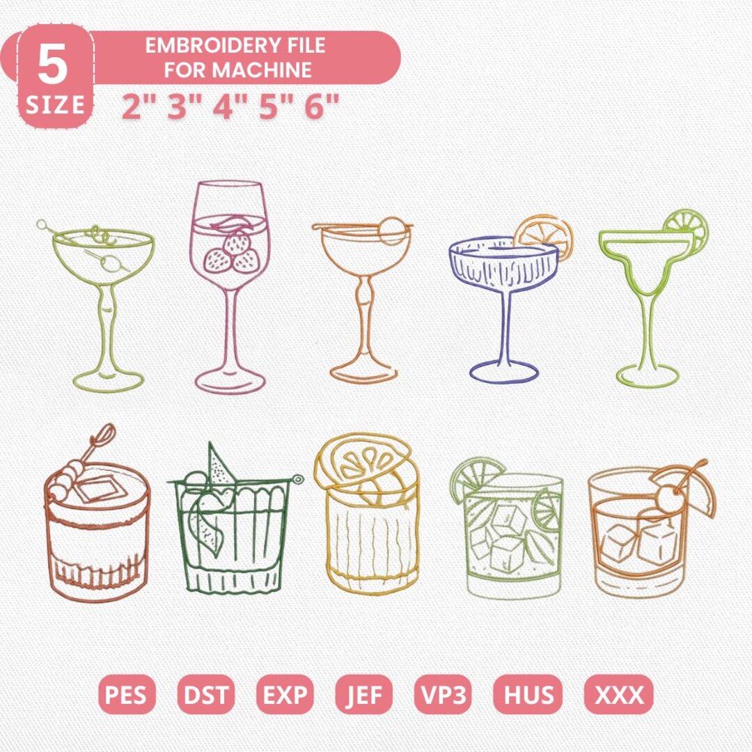 Summer Cocktail Line Art Embroidery Bundle, Mini Drinks Icon Embroidery ...