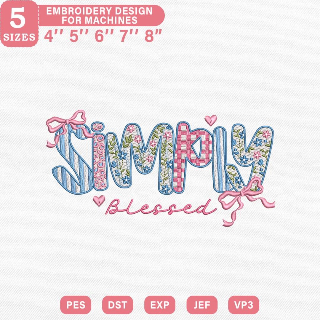 Simply Blessed Embroidery Design, Whimsical Colorful Lettering With ...