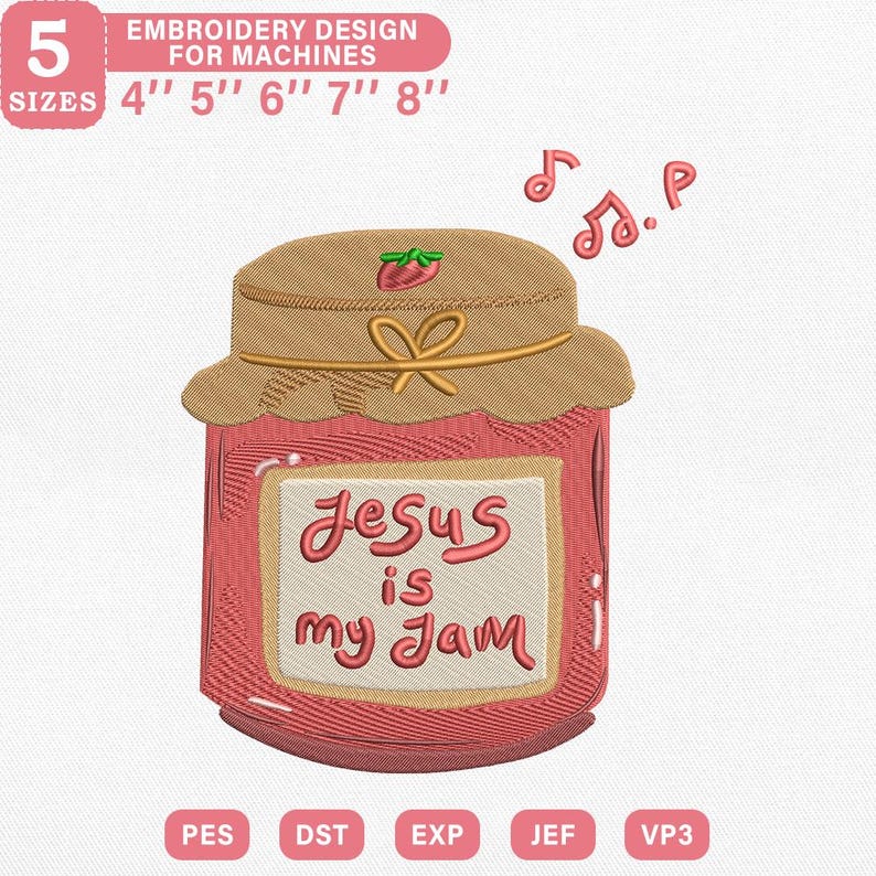 Jesus is My Jam Embroidery Design, Cute Jar With Strawberry and Music ...