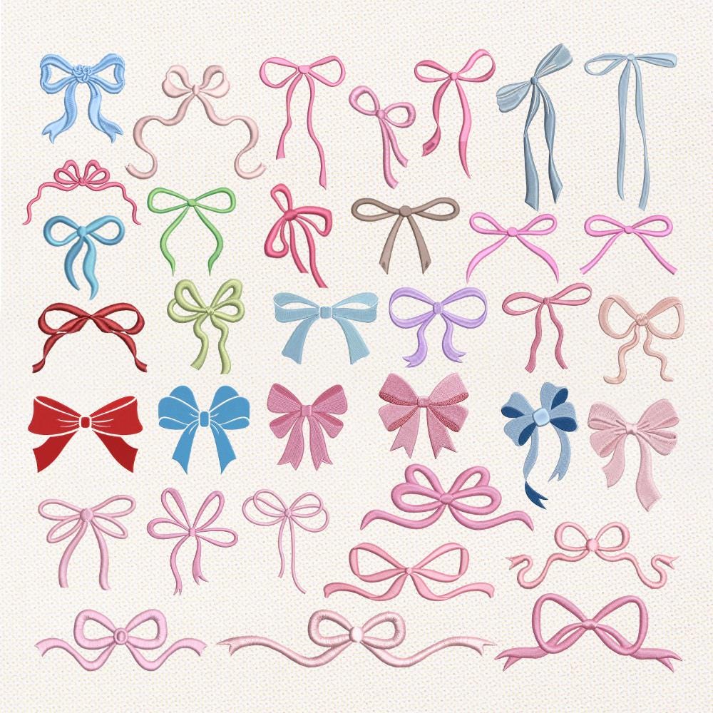 Coquette Ribbon Bow Embroidery Bundle, Tiny Preppy Dainty Tie Knot ...