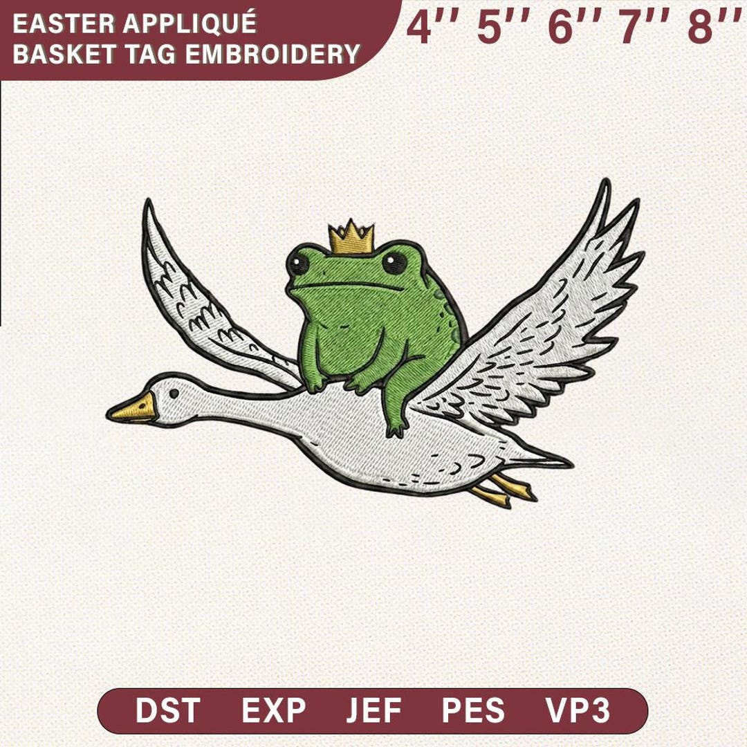 Frog Riding Goose Embroidery Design, Frog With Crown Machine Embroidery ...