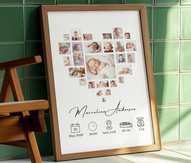 Newborn Baby Photo Collage Canva Template – Heart Shape – Personalized ...