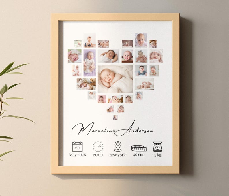 Newborn Baby Photo Collage Canva Template – Heart Shape – Personalized ...