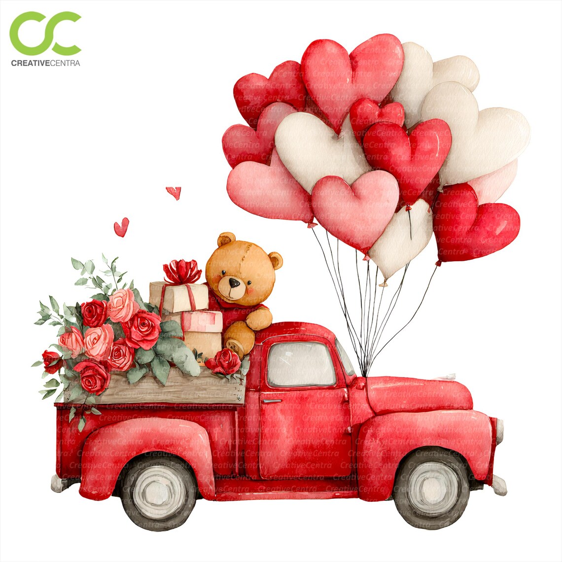 12 Red Valentine Truck Clipart With Teddy Bear, Hearts & Gifts ...