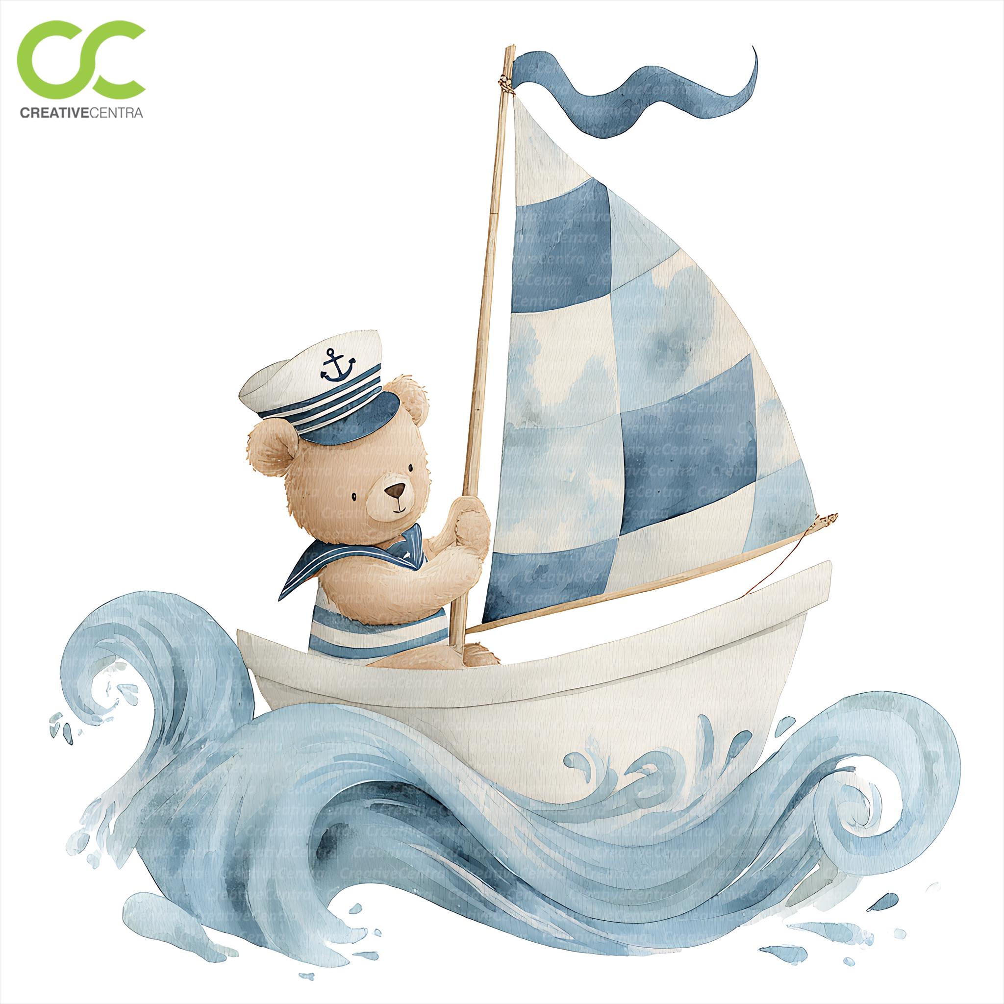 12 Sailor Teddy Bear Boat Clipart, Nautical Baby Nursery Illustration ...