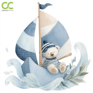 12 Sailor Teddy Bear Boat Clipart, Nautical Baby Nursery Illustration ...
