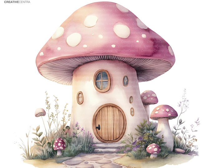 Toadstool House Clipart - Jpgs - Fantasy House Watercolor Clipart ...