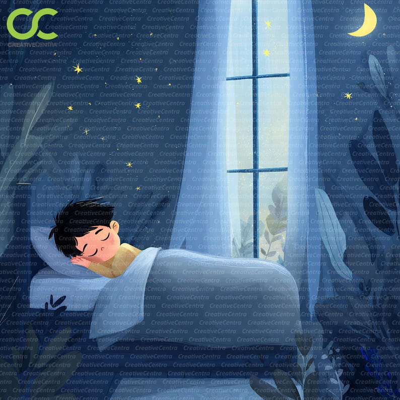 12 Child Sleeping Clipart, Calm Moonlight Night Kids Sleep Art ...