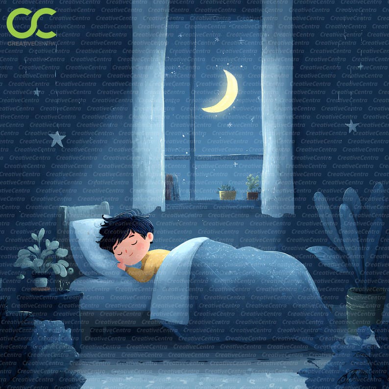 12 Child Sleeping Clipart, Calm Moonlight Night Kids Sleep Art ...