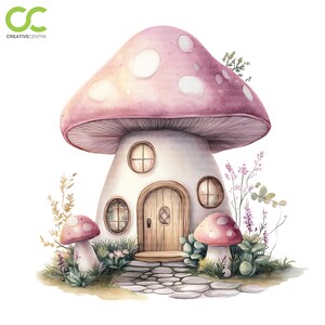 Whimsical Mushroom House Clipart, 13 Watercolor Fairy Cottage PNG ...