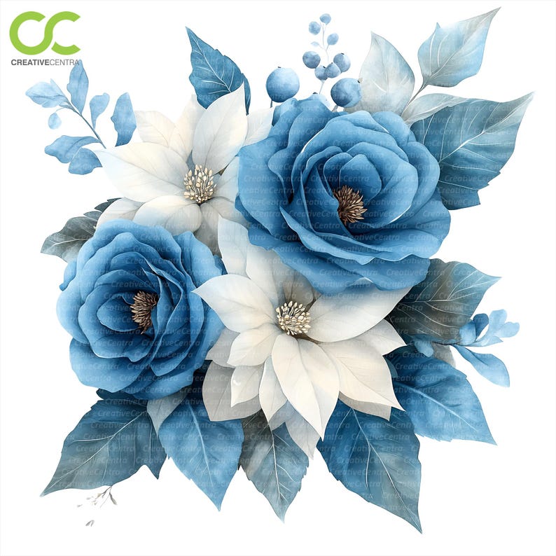 12 Blue Rustic Floral Clipart, Blue Rose & White Flower Wedding Bouquet ...