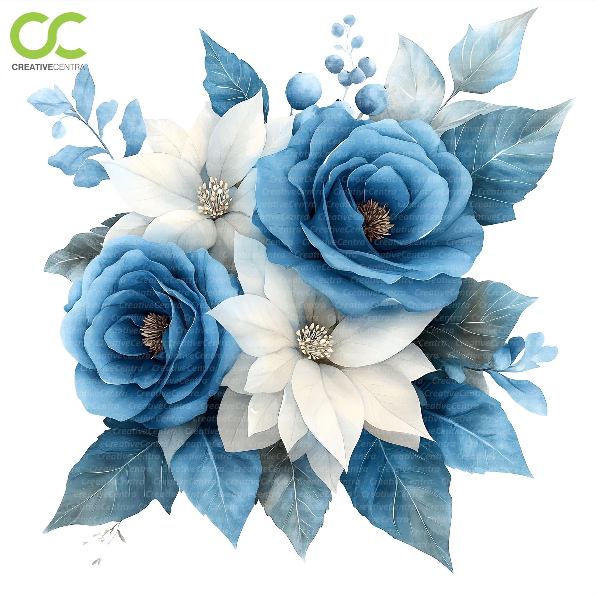 12 Blue Rustic Floral Clipart, Blue Rose & White Flower Wedding Bouquet ...
