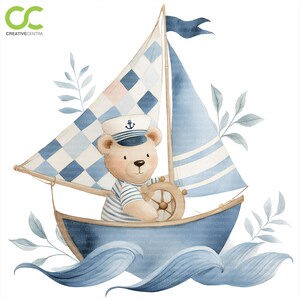 12 Sailor Teddy Bear Boat Clipart, Nautical Baby Nursery Illustration ...