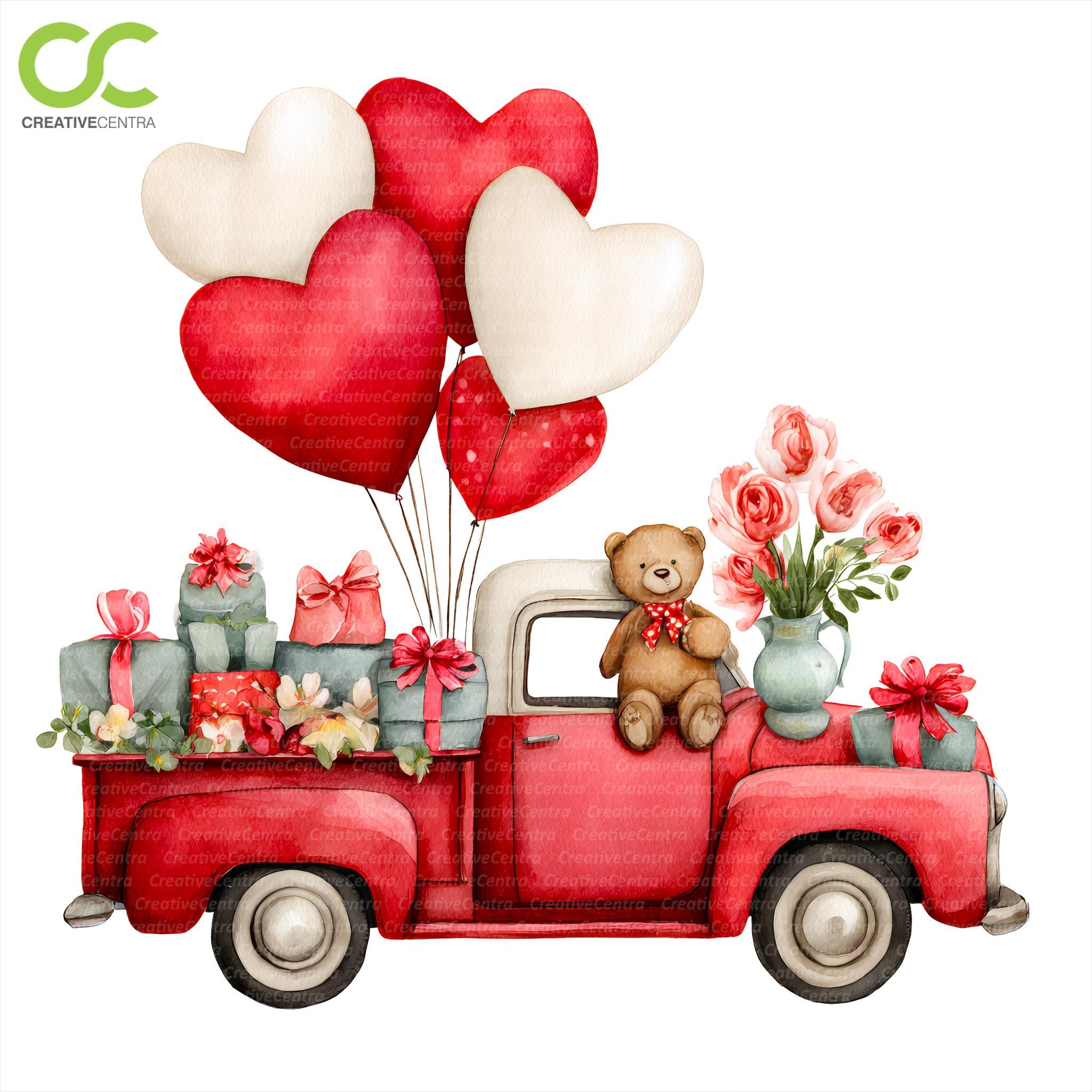 12 Red Valentine Truck Clipart With Teddy Bear, Hearts & Gifts ...