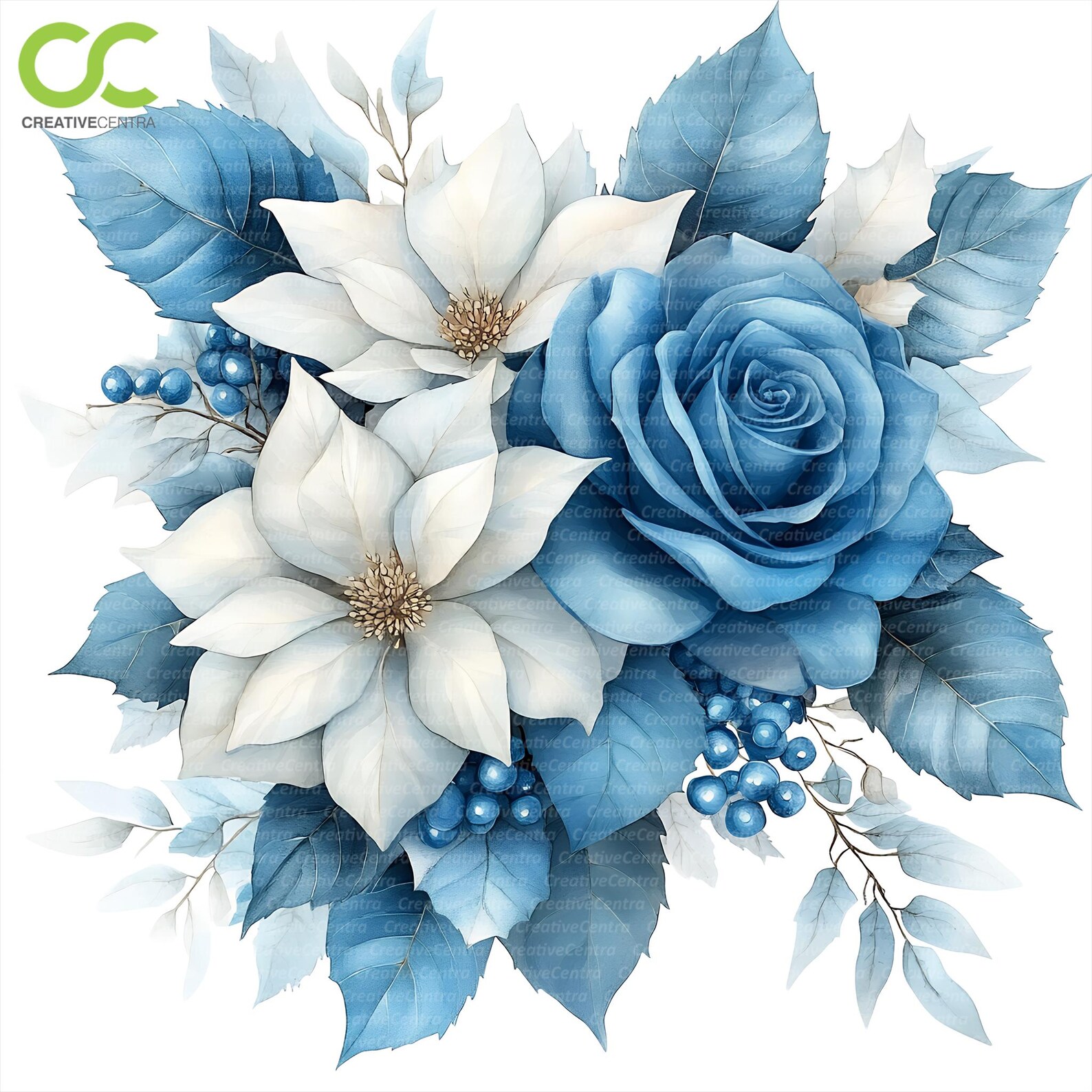12 Blue Rustic Floral Clipart, Blue Rose & White Flower Wedding Bouquet ...